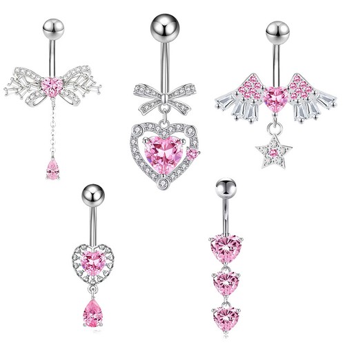 Pink Belly Button Rings Stainless Steel Heart Butterfly Navel Piercing ...