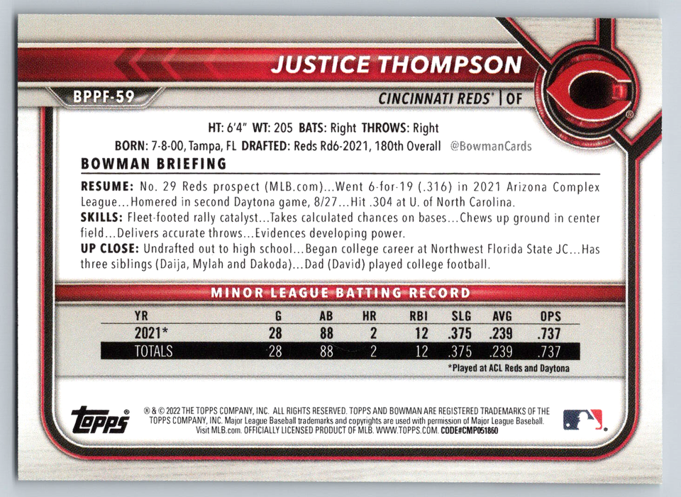 2022 1st Bowman 1st Edition #BPPF-59 Justice Thompson Reds Baseball ...