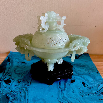 Antique/Vintage Chinese Green Jade Lidded Vase Hand Carved with Wood ...