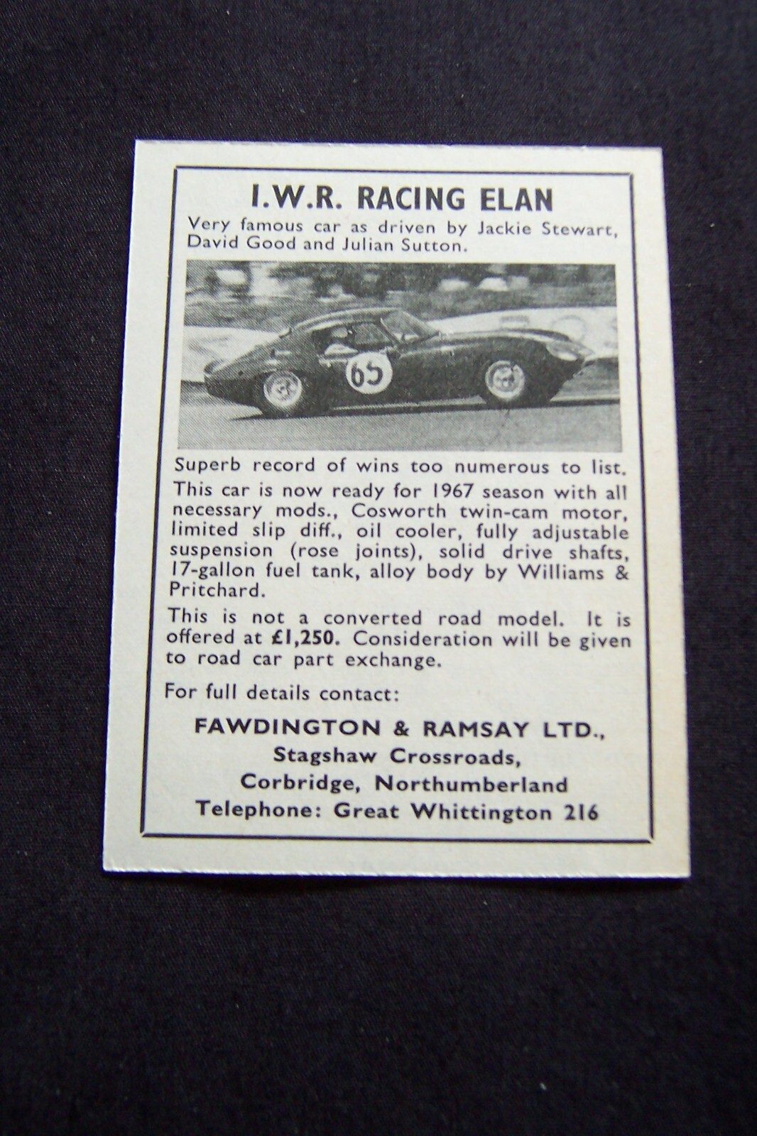 LOTUS ELAN IAN WALKER RACING FOR SALE 1967 ORIGINAL VINTAGE ADVERT ...