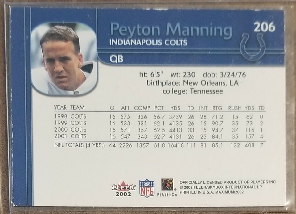 2002 Fleer Maximum #206 Peyton Manning Indianapolis Colts Football Card ...
