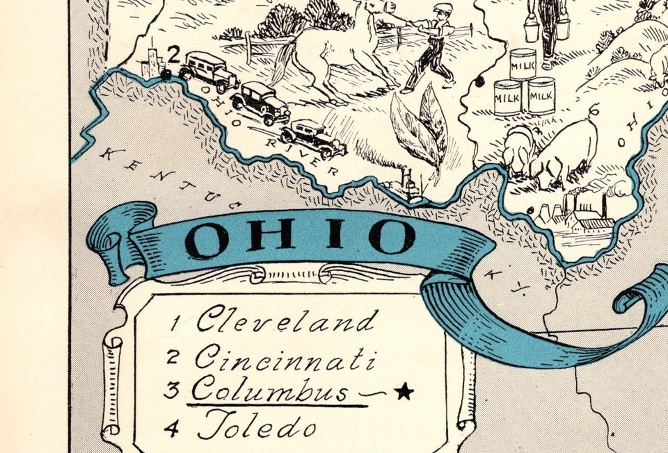 1930s Antique Ohio State Map Wall Art Decor Animated Picture Map of ...