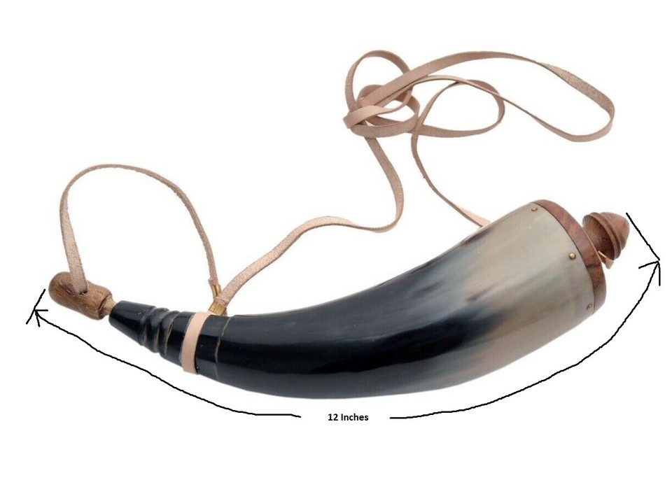 AUTHENTIC 12" BLACK POWDER HORN FUNCTIONAL OR DECORATION BRAIDED CORD ...