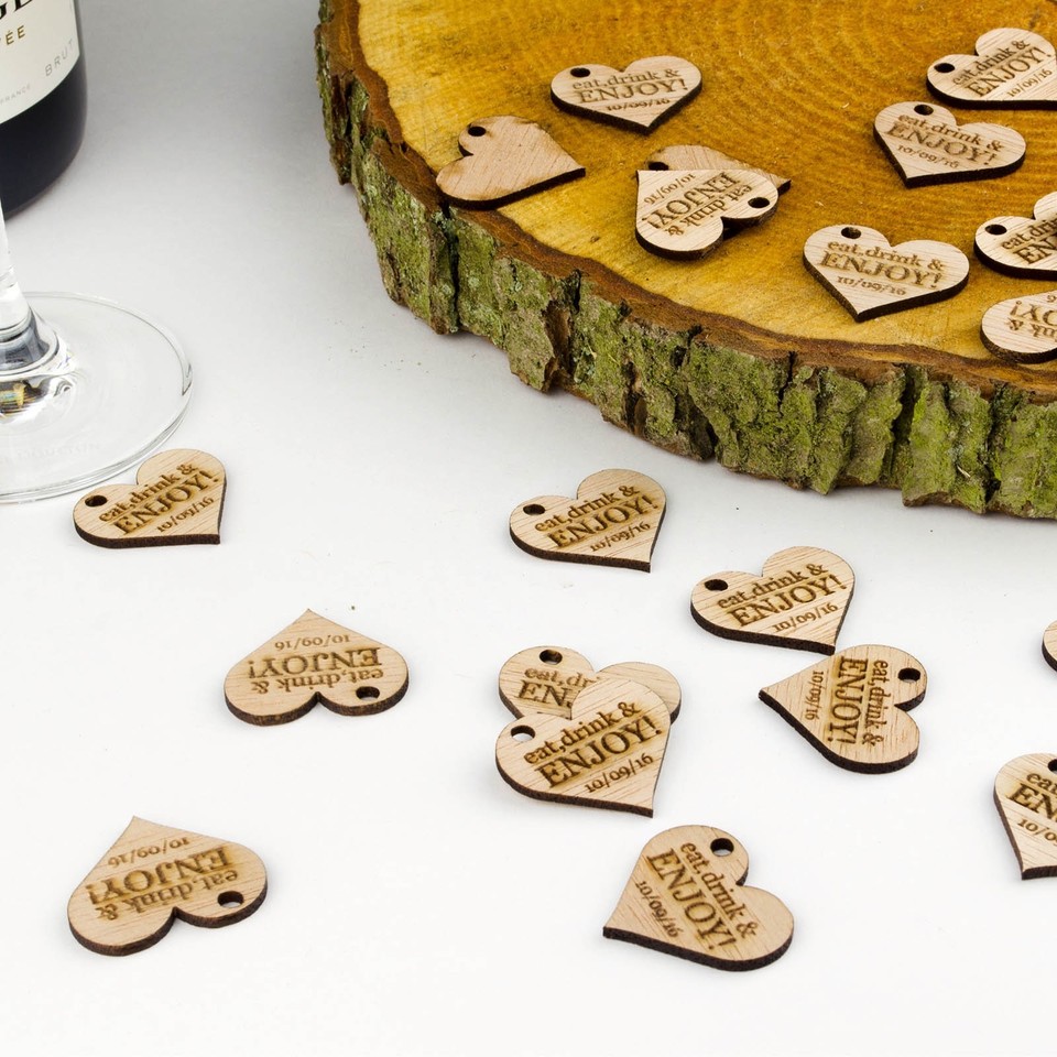 Wooden Drink Tokens. 3cm Personalised Hearts. Rustic Wedding Guest ...