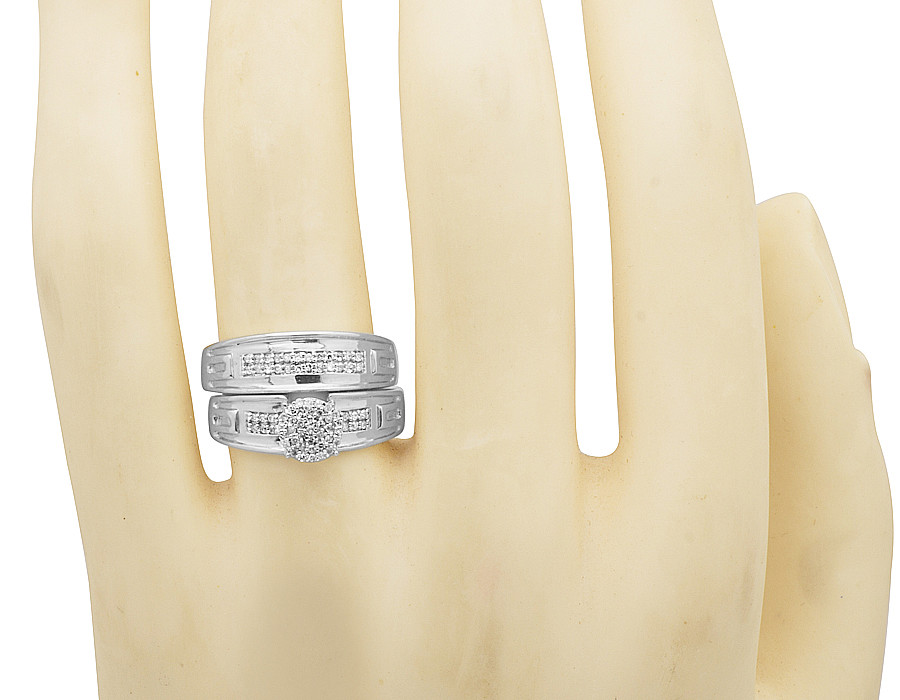 10K White Gold Real Diamond 3 Piece Engagement Wedding Bridal Ring Set ...