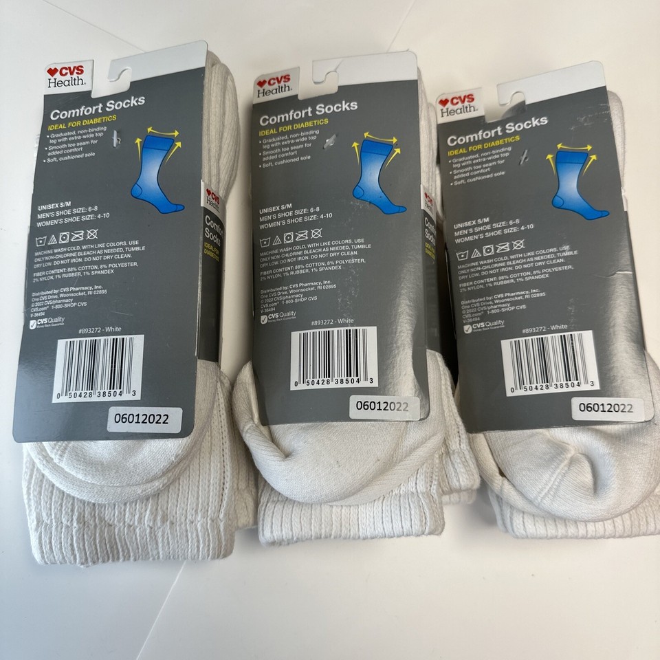 CVS HEALTH Crew Length Comfort Socks Ideal for Diabetics White Size S/M ...