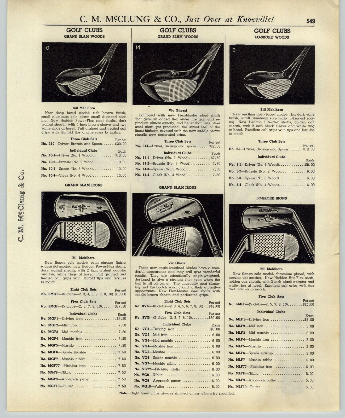 1937 PAPER AD Vic Ghezzi Bill mehlhorn Grand Slam Golf Clubs Woods ...