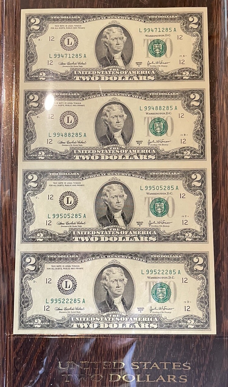 Series 2003 Two Dollar Federal Reserve Note UNCUT SHEET 4 $2 Bills San ...