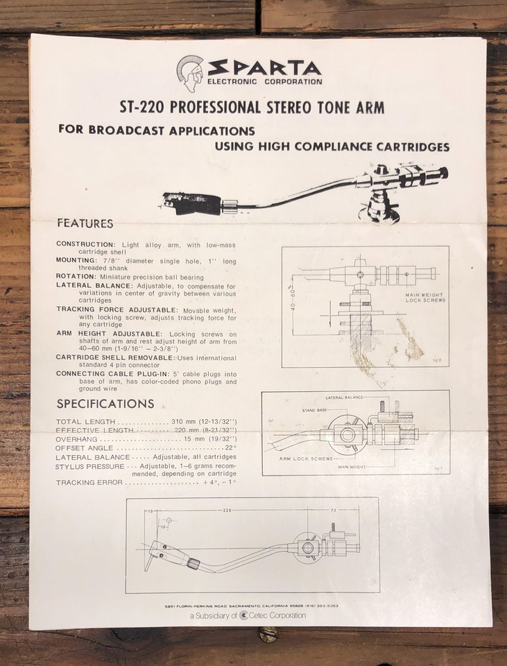 Sparta ST-220 Phono Tonearm Owner / User Manual *Original* | eBay