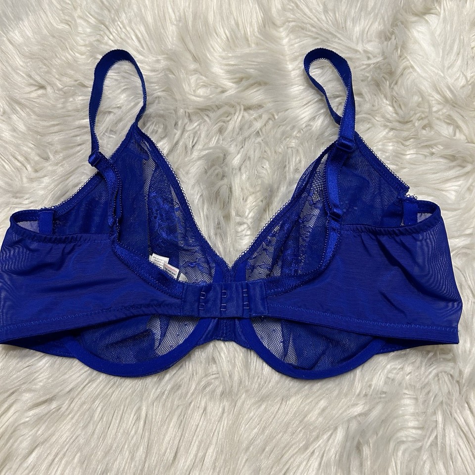 Gossard 34G Bra Blue Glossies Lace Underwire Back Closure Sheer Unlined ...