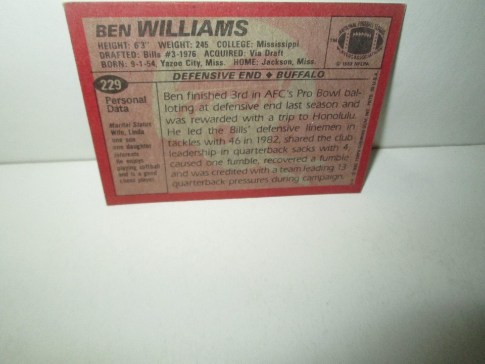 BEN WILLIAMS 1983 Topps Card #229 Rookie Rc BUFFALO BILLS Mississippi ...