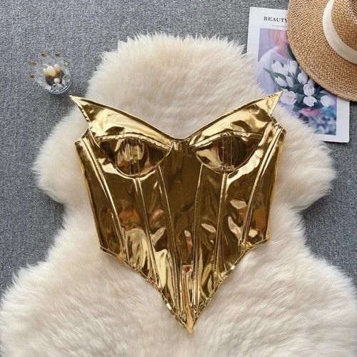 Sexy PU V-neck Shiny Velvet Tube Top Strapless Top Gold Fashion ...