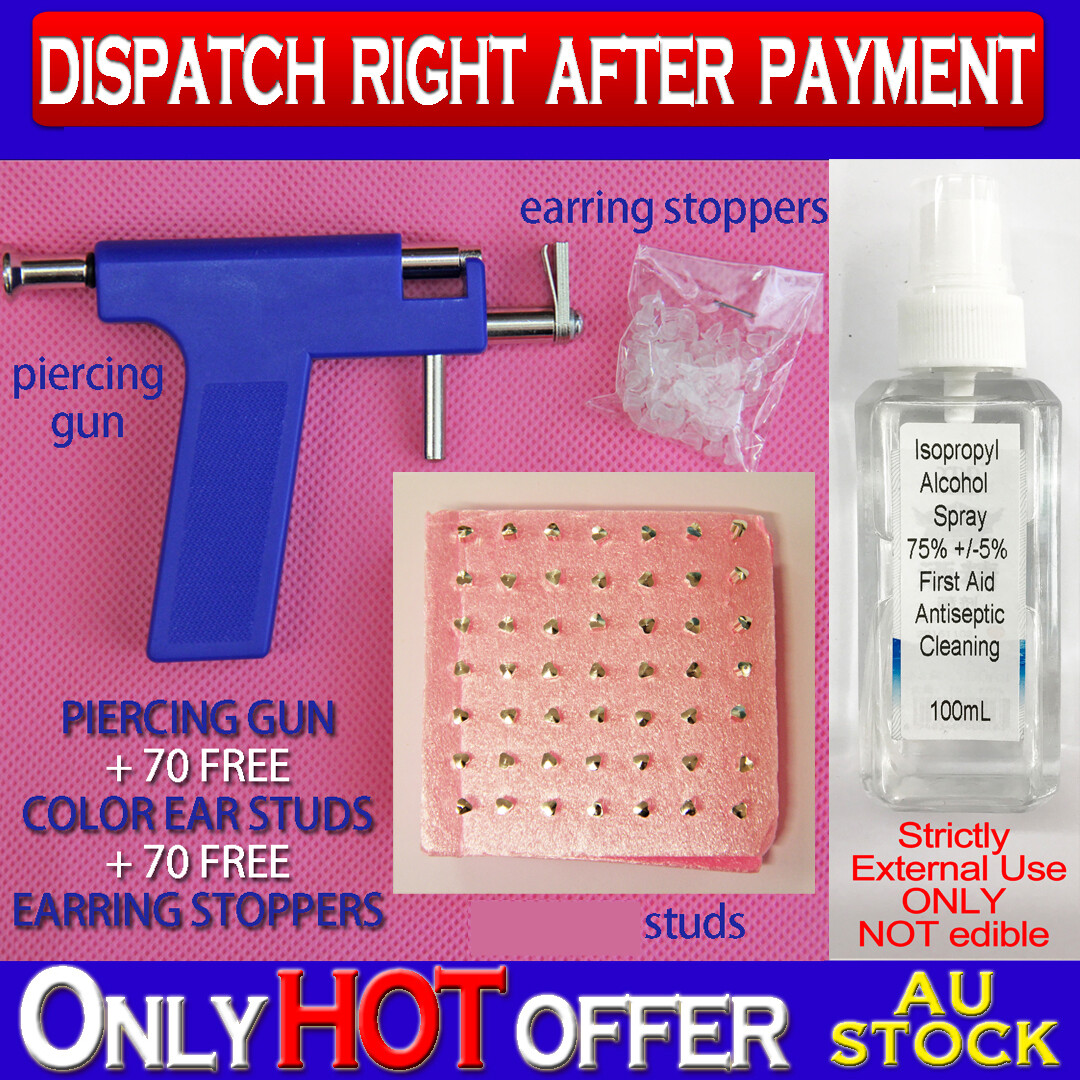 Piercing Gun Kit Tool + 70 Ear Studs + 70 Earring Stoppers + | eBay ...