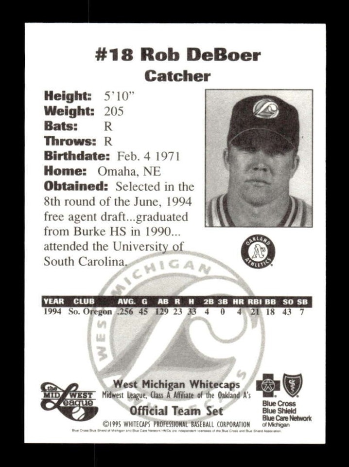 1995 West Michigan White Caps Team Issue Rob DeBoer BXCP01 | eBay