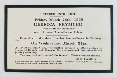 Postcard Rebecca Frymyer Funeral Card Talmage Pennsylvania 1920 | eBay