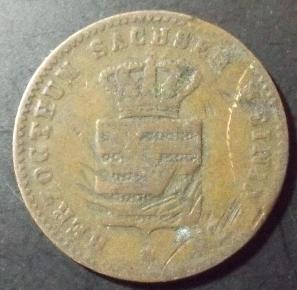 GERMAN STATES DUCHY OF SAXE-MEININGEN 2 PFENNIG COIN. 1860 HERZOGTEUM ...