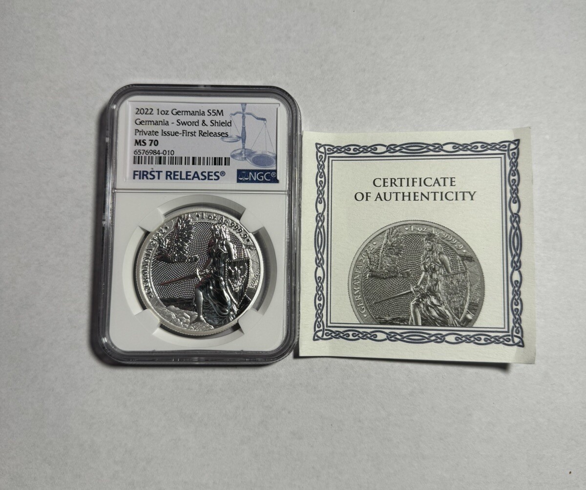 2022 Germania Sword & Shield 1 oz 999.9 Silver - NGC MS70 Private Issue ...