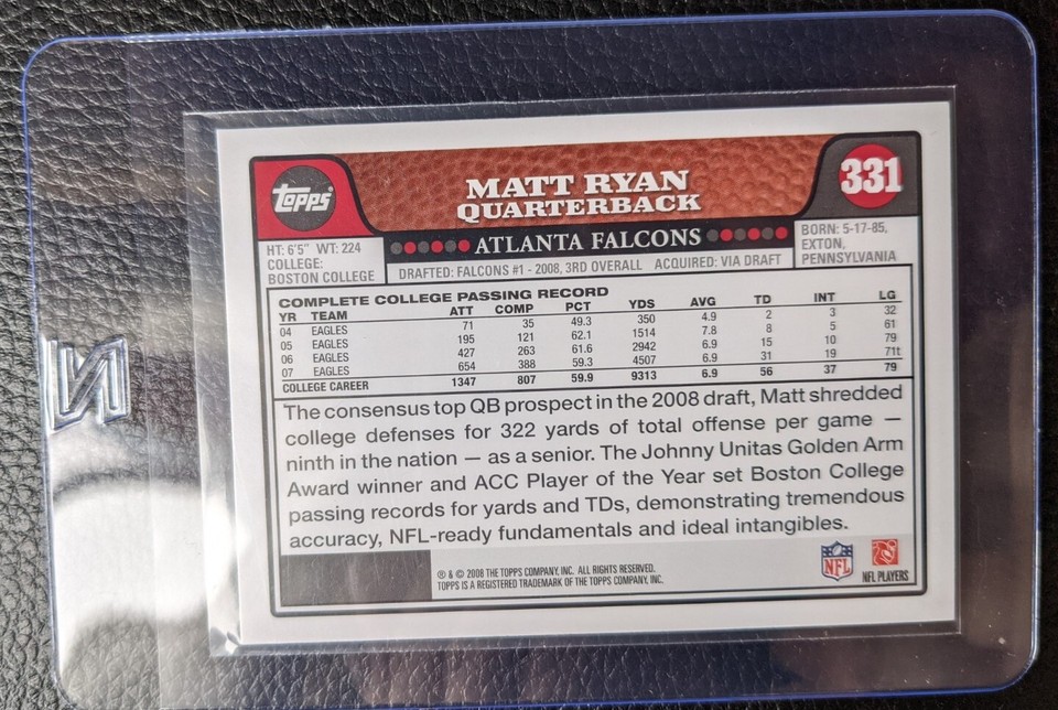 2008 TOPPS #331 MATT RYAN ROOKIE CARD RC ATLANTA FALCONS | eBay