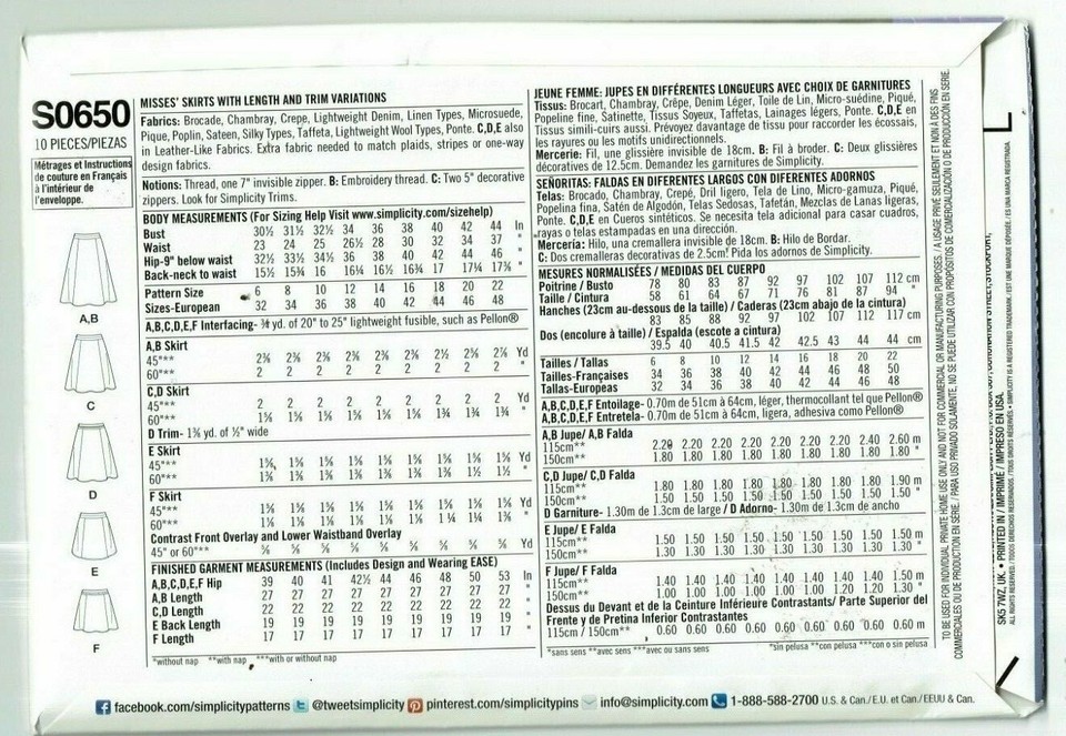 Simplicity # S0650/1282 Skirts w/Variations Pattern Size 6-14 or 14-22 ...