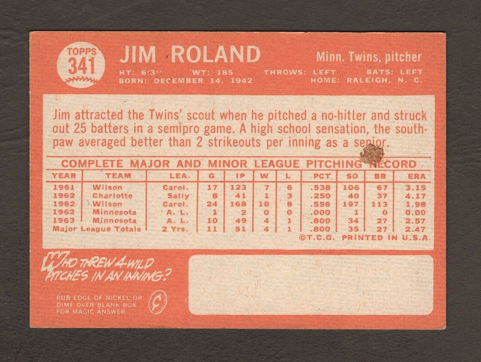 1964 Topps Baseball Card #341 Jim Roland – Minnesota Twins | eBay