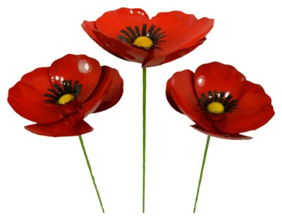 Metal Poppy Flower Garden Ornament Set of 3 Poppies on 100cm stick ...