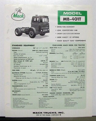1972 Mack Truck Model MB 401T Specification Sheet | eBay