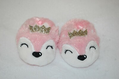 Baby Girls Slippers PINK FOX w/ SILVER GLITTER CROWN Faux Fur SIZE 2 3 ...