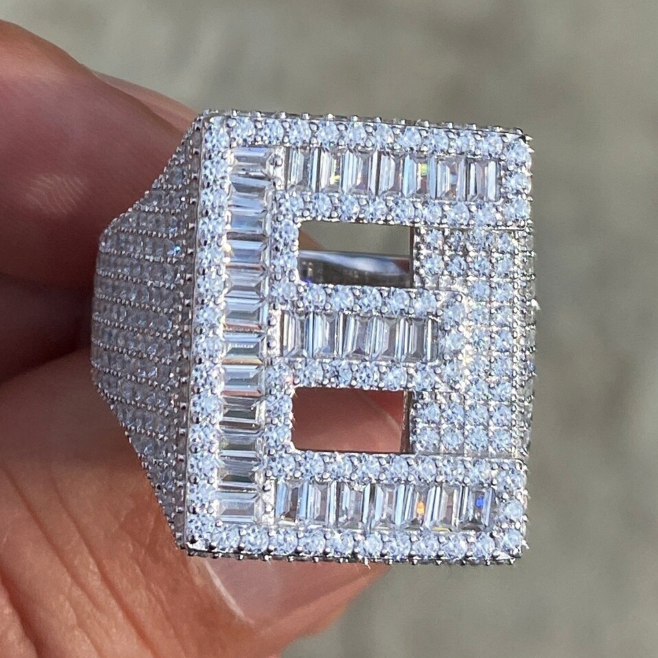 925 Sterling Silver Initial Block Letters Iced Baguette Flooded Out CZ ...