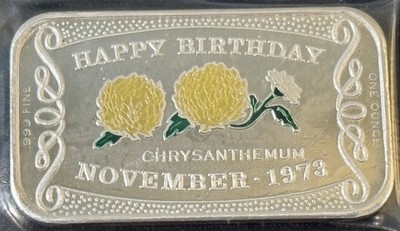 Vintage 1973 1 Oz .999 Silver A Ceeco Bar Happy Birthday Chrysanthemum ...