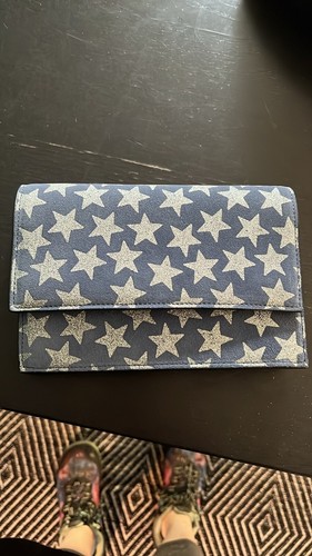 J Crew Leather Suede wallet Blue All over Pattern Silver Stars. Missing ...