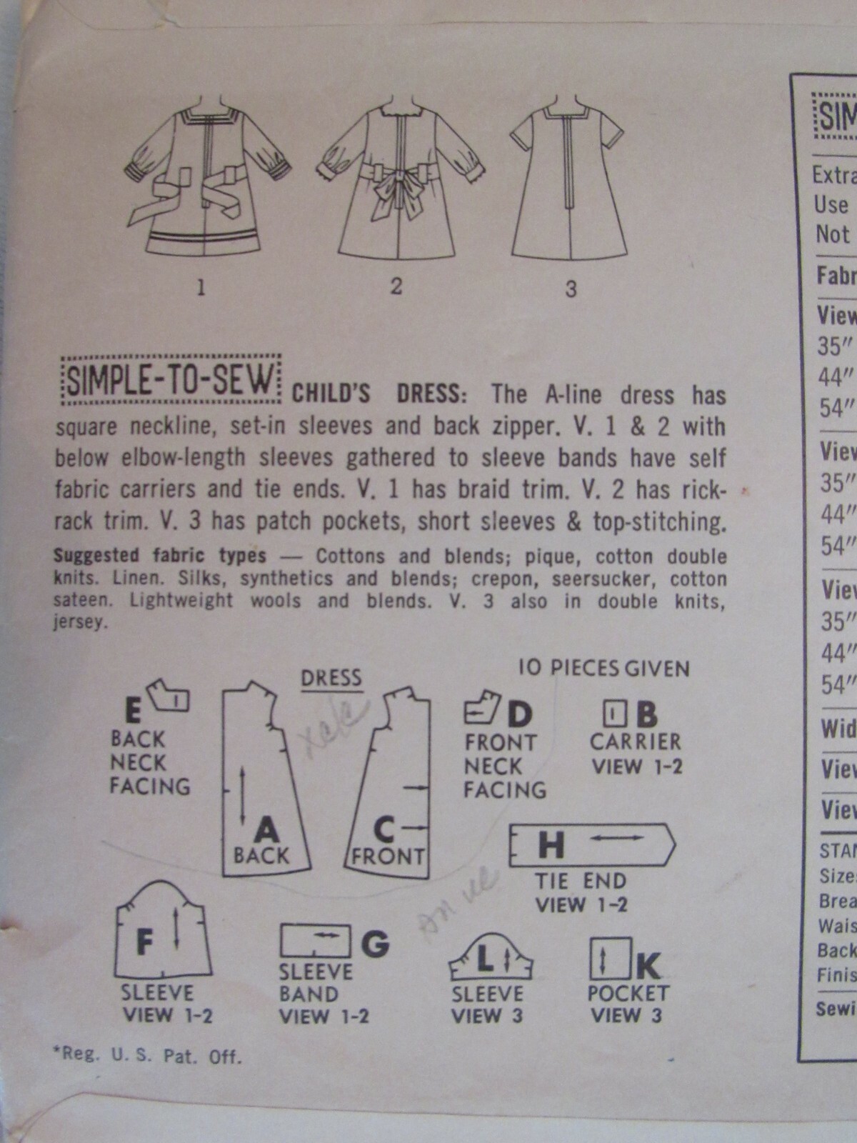 Sweet & Easy VTG 67 SIMPLICITY 7186 Girls Dress in 3 Versions PATTERN 5 ...
