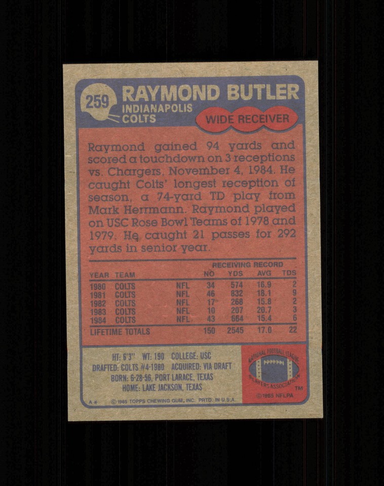 1985 Topps Football #259 Raymond Butler Indianapolis Colts | eBay