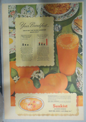 Sunkist California Oranges Ad: Your Breakfast Fruit ! 1940's Size: 11 x ...