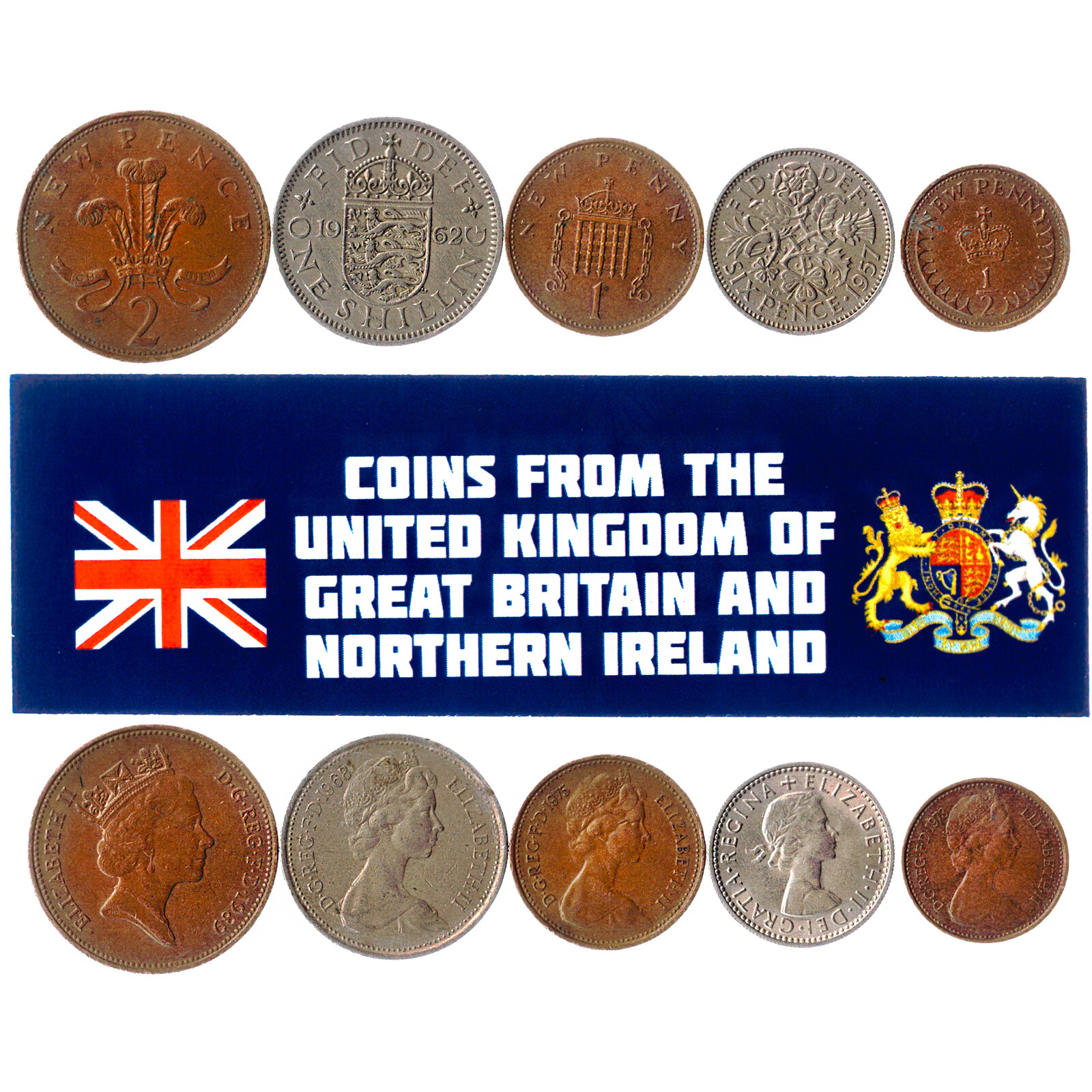 5 BRITISH COINS. DIFFERENT COINS FROM ENGLAND. FOREIGN CURRENCY ...
