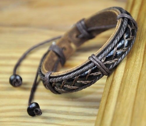 Surfer Cool Leather & Hemp Wristband Bracelet Bangle Fabric Band Black ...