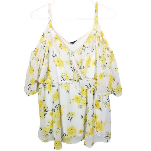 Torrid Womens 2X Yellow Floral Chiffon Cold Shoulder Blouse Ruffle Trim ...