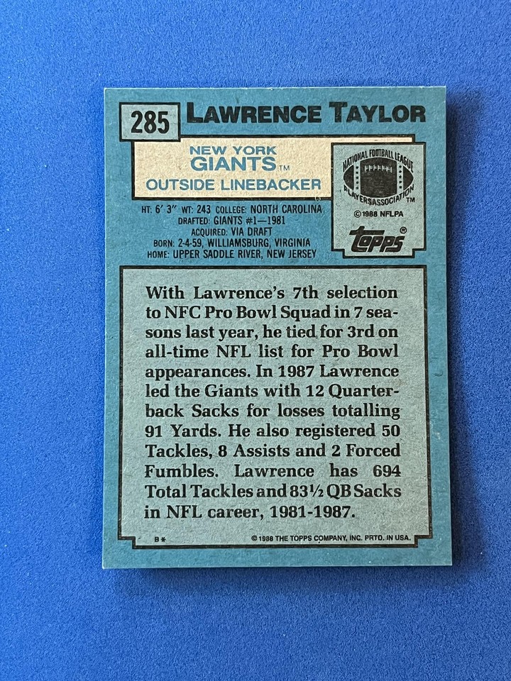 1988 Topps #285 Lawrence Taylor Football Card JPC | eBay