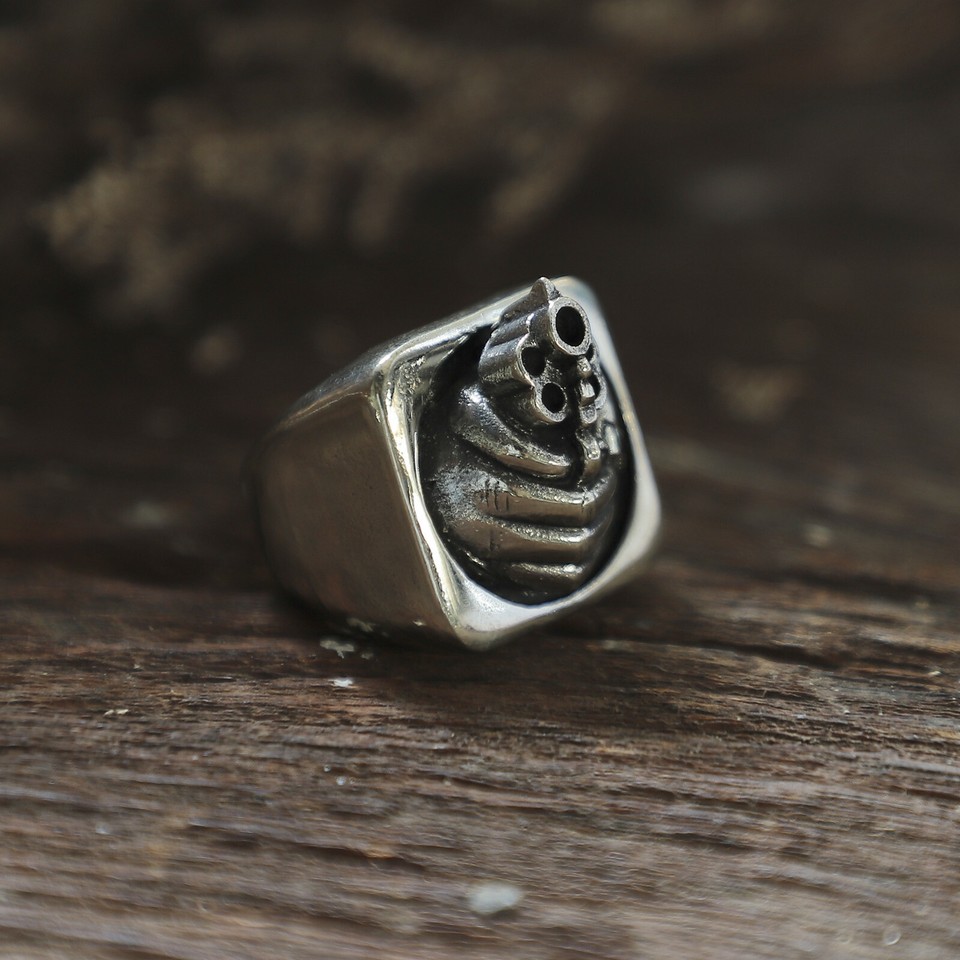 gun square Biker Ring sterling silver 925 Gothic punk gangster skull ...