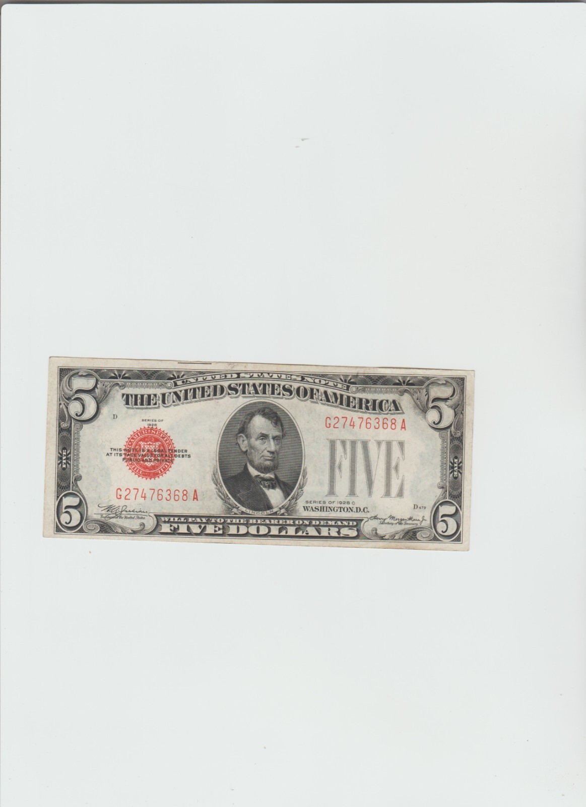1928 C Five Dollar Bill $5 United States Red Seal Note.Lightly ...