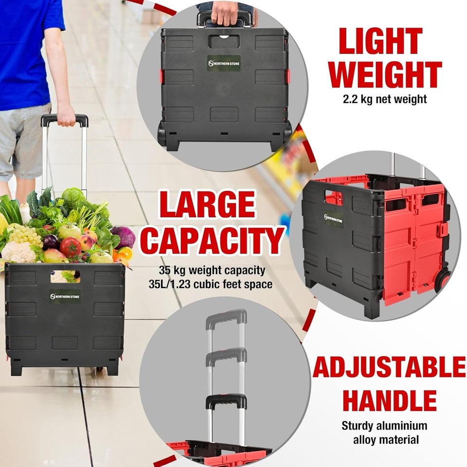 Folding Shopping Trolley Cart 35L Capacity Boot Cart with Wheels Black ...