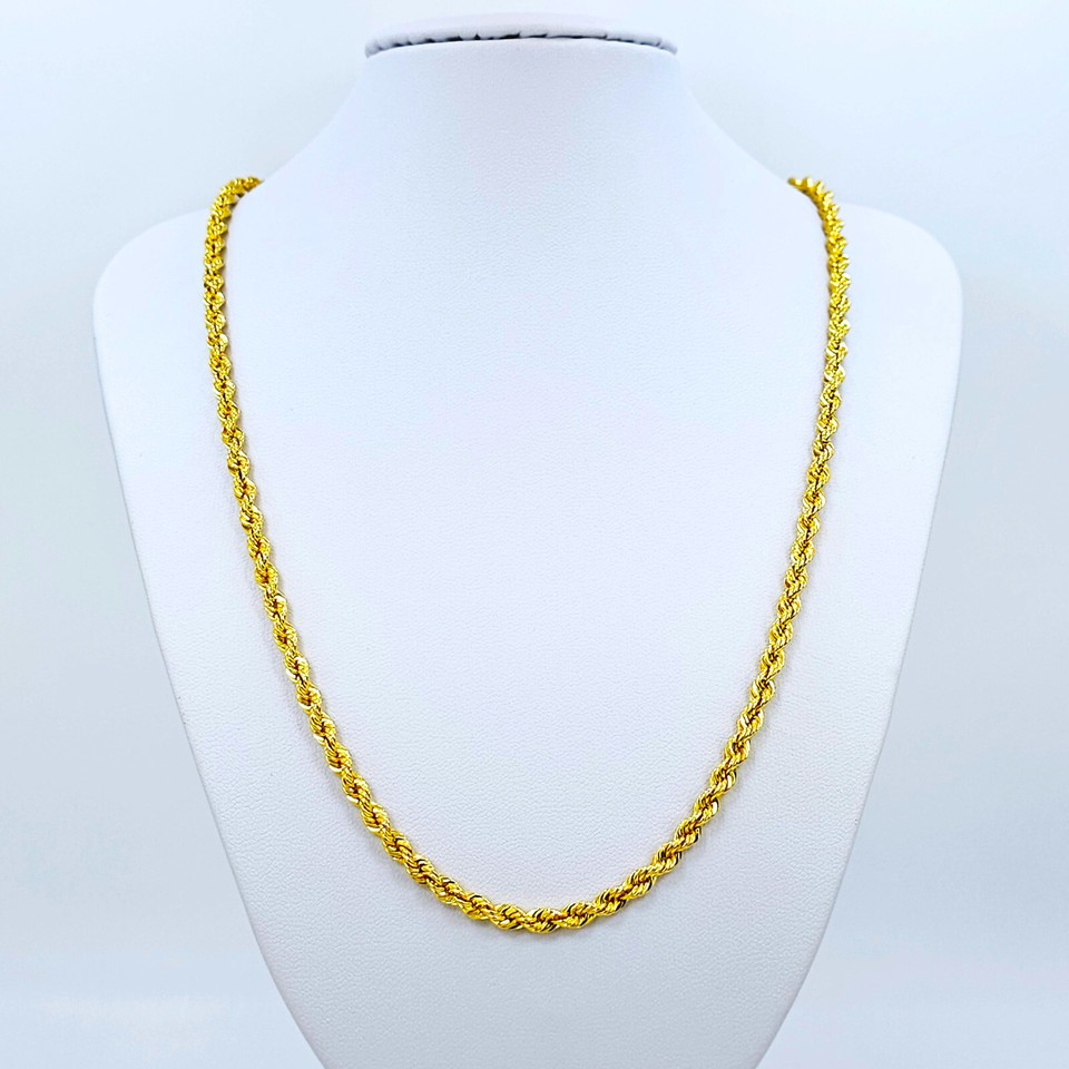 22K Yellow Gold Rope Chain Necklace 24 in Hollow 3.6mm Genuine ...