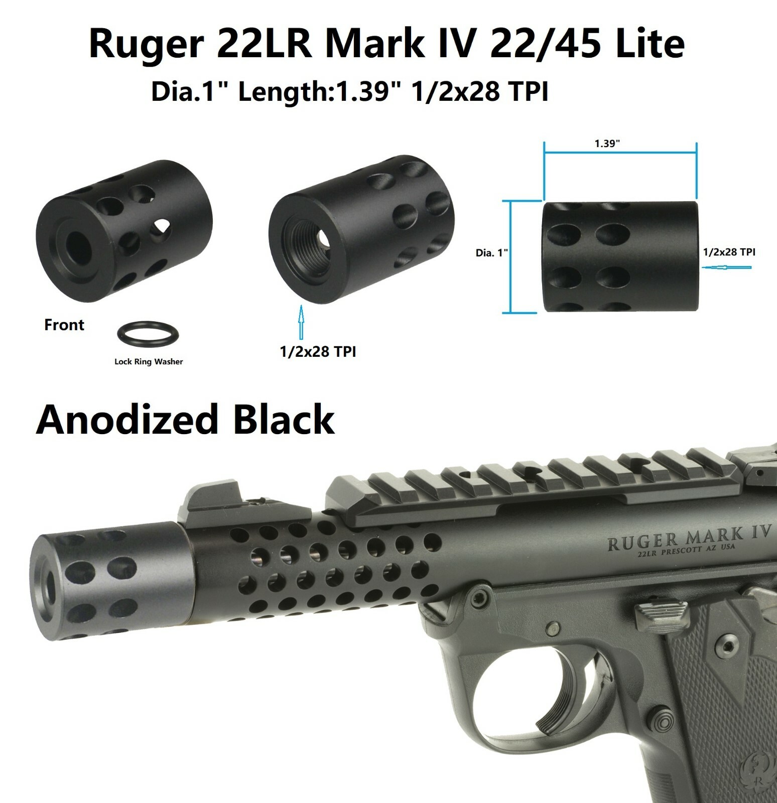 1/2x28TPI Ruger .22LR Mark IV 22/45 Lite Muzzle Brake Compensator, 1 ...