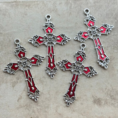 54x36mm Red Gothic Cross Pendants Antique Silver Plated Enamel 4Pcs Per ...