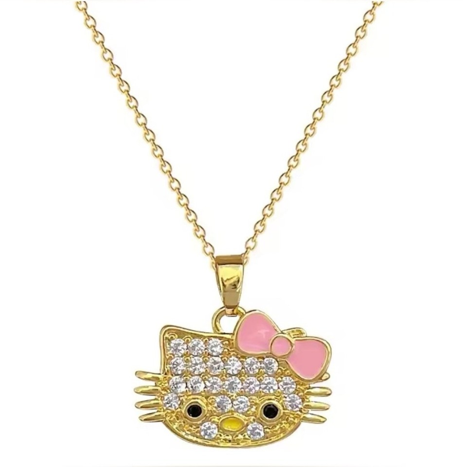 18K Gold Plated Hello Kitty Head W/ Enameled Bow Pave Diamond Inlay ...