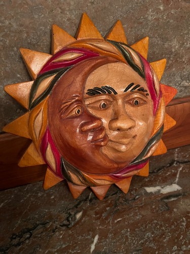 Hand Carved Wooden Art Relief Sun Moon Double Face 12" Wall Plaque ...