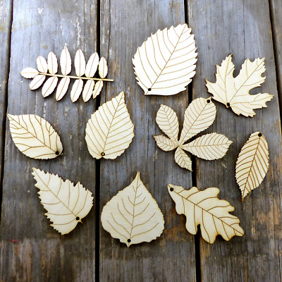 10 Mixed Wooden Leaves with Detail Craft Shapes 3mm Ply Trees Plants ...