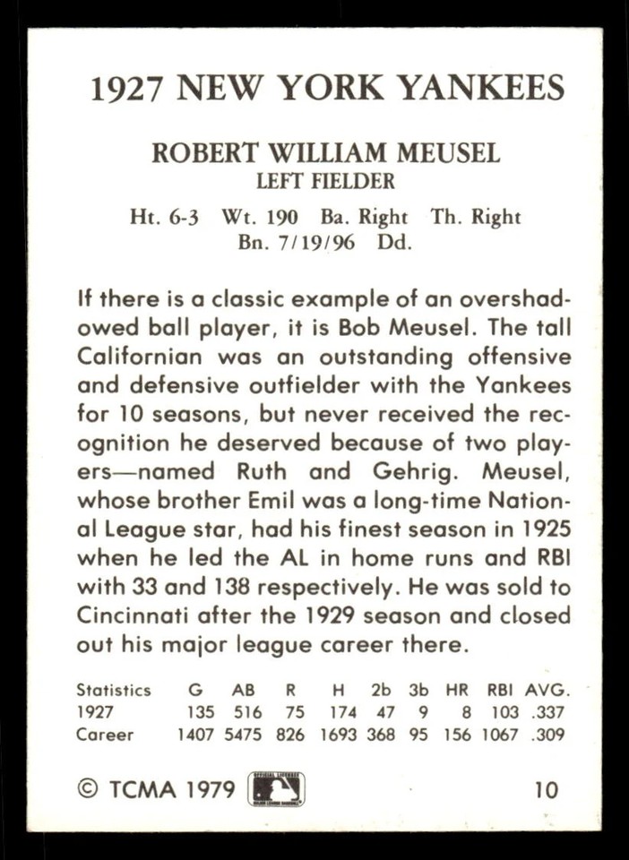 1979 TCMA 1927 NEW YORK YANKEES BOB MEUSEL 10 MINT BASEBALL NEW YORK ...