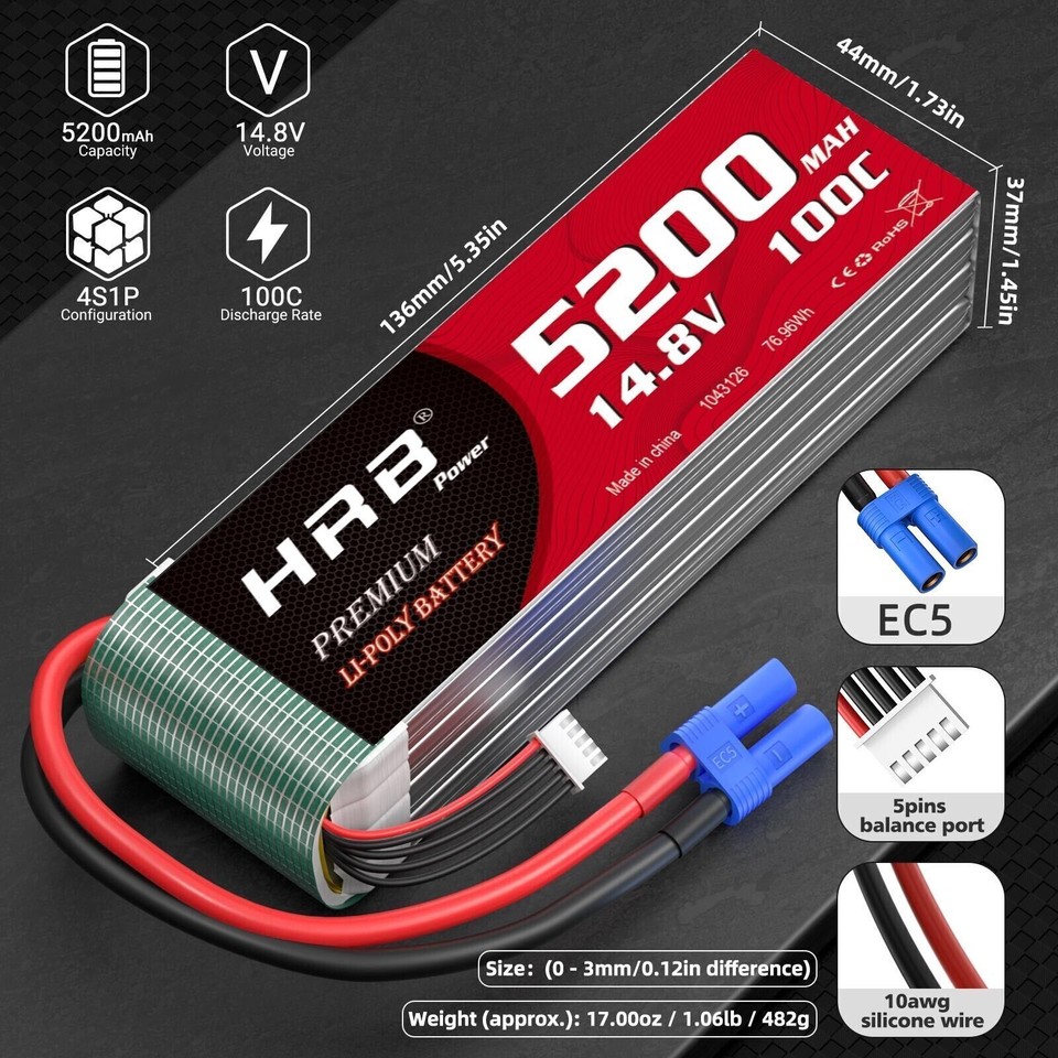 2x HRB 5200mAh 4S 14.8V EC5 LiPo Battery for RC Truck Helicopter ...