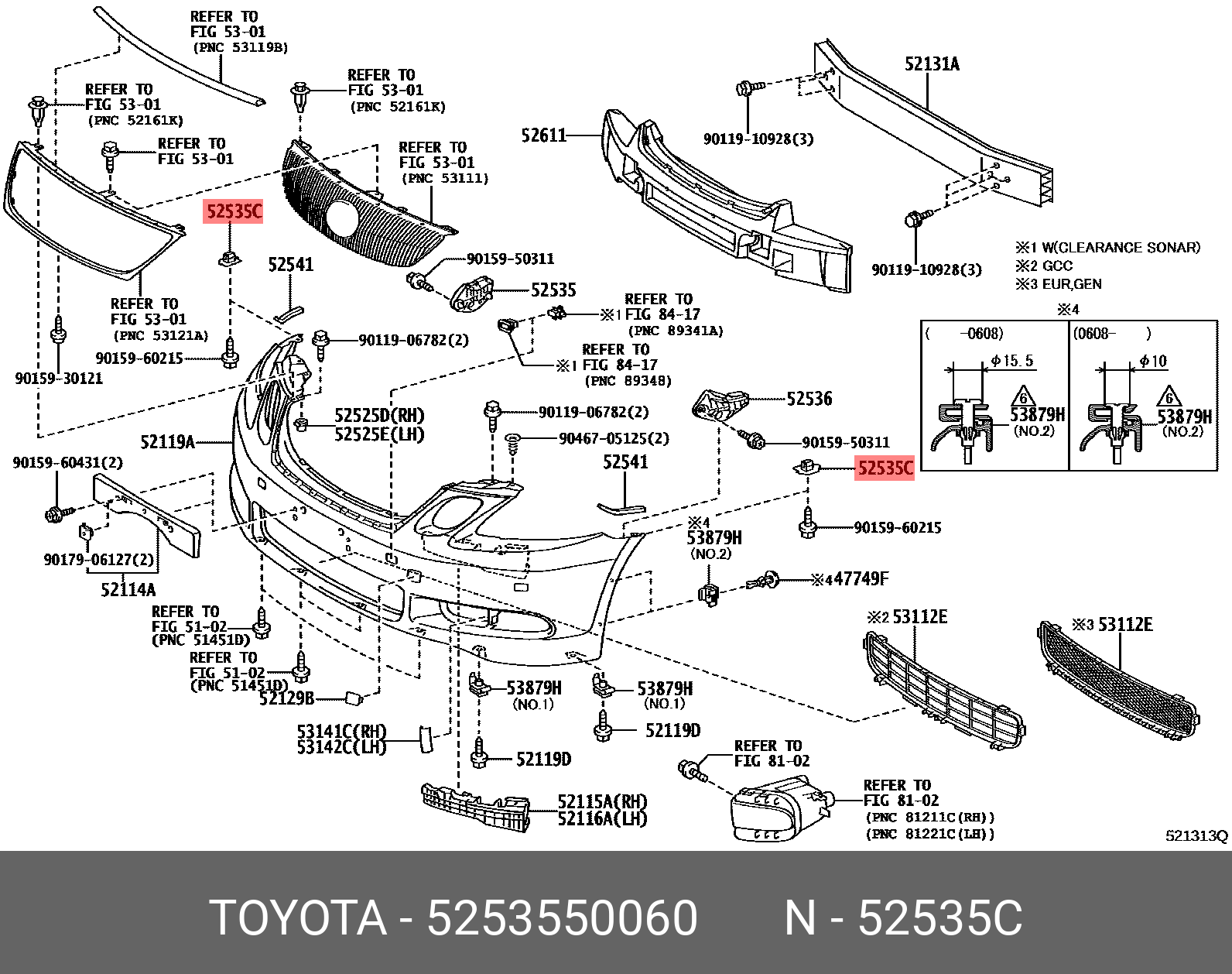 Original retainer, front bumper side, right, 5253550060 for TOYOTA ...