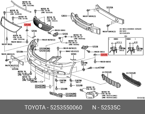 Original retainer, front bumper side, right, 5253550060 for TOYOTA ...